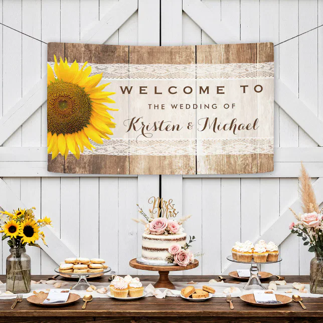 Rustic Country Barn Wood Sunflower Wedding Party Banner | Zazzle