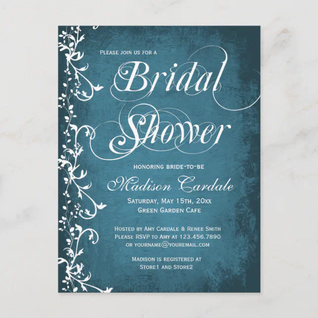 Rustic Country Blue Swirls Bridal Shower Postcards | Zazzle