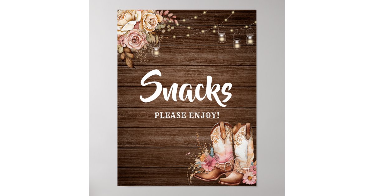 Rustic Country Boots Cowgirl Birthday Snacks Sign | Zazzle