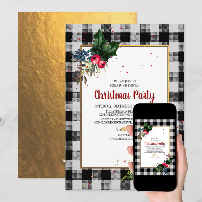 Rustic Country Buffalo Check Christmas Party Invitation | Zazzle