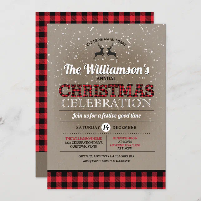Rustic Country Buffalo Check Christmas Party Invitation | Zazzle