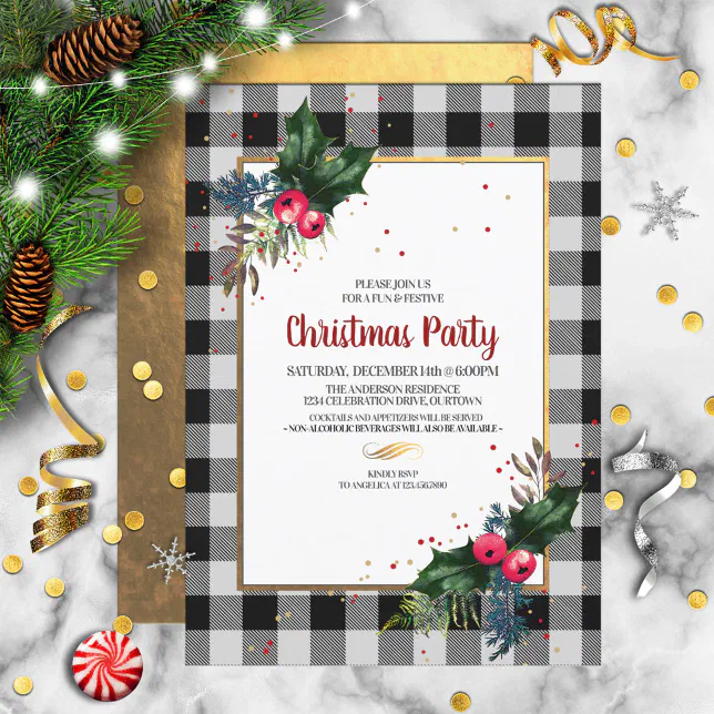 Rustic Country Buffalo Check Christmas Party Invitation | Zazzle