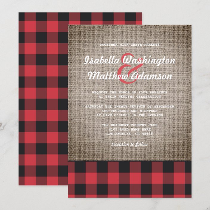 Rustic Country Buffalo Plaid & Burlap Wedding Invitation | Zazzle.com