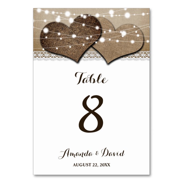 Rustic Country Burlap and Lace Table Number Cards | Zazzle
