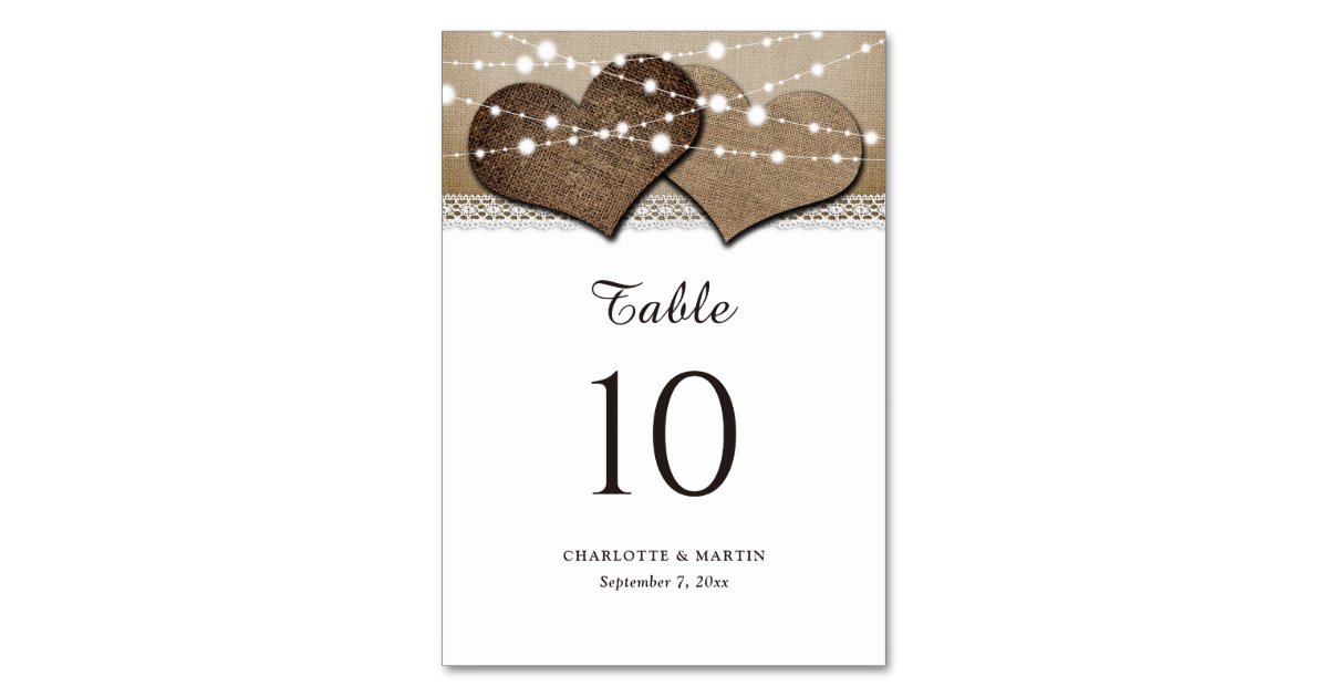 Rustic Country Burlap and Lace Table Number Cards | Zazzle