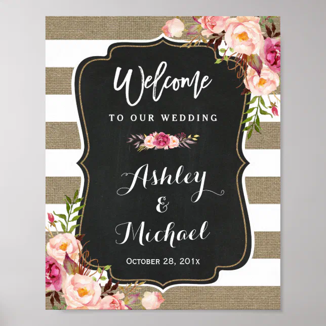 Rustic Country Burlap Floral Wedding Welcome Sign | Zazzle