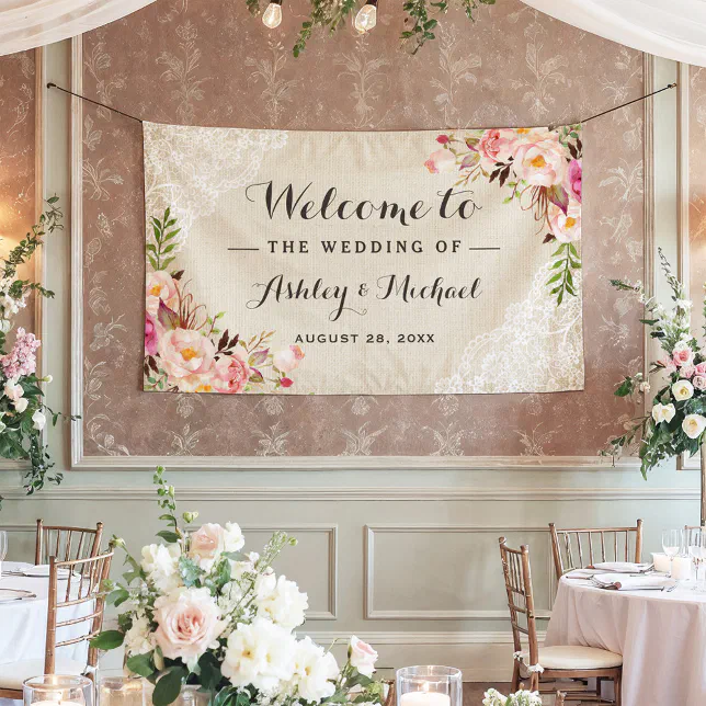 Rustic Country Burlap Lace Floral Wedding Party Banner | Zazzle