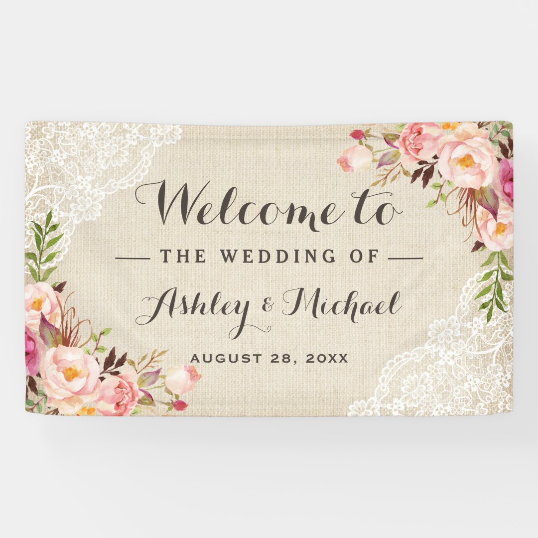Rustic Country Burlap Lace Floral Wedding Party Banner | Zazzle