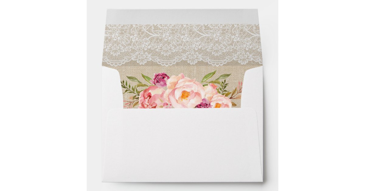 Rustic Country Burlap Lace Pink Floral Wedding Envelope | Zazzle
