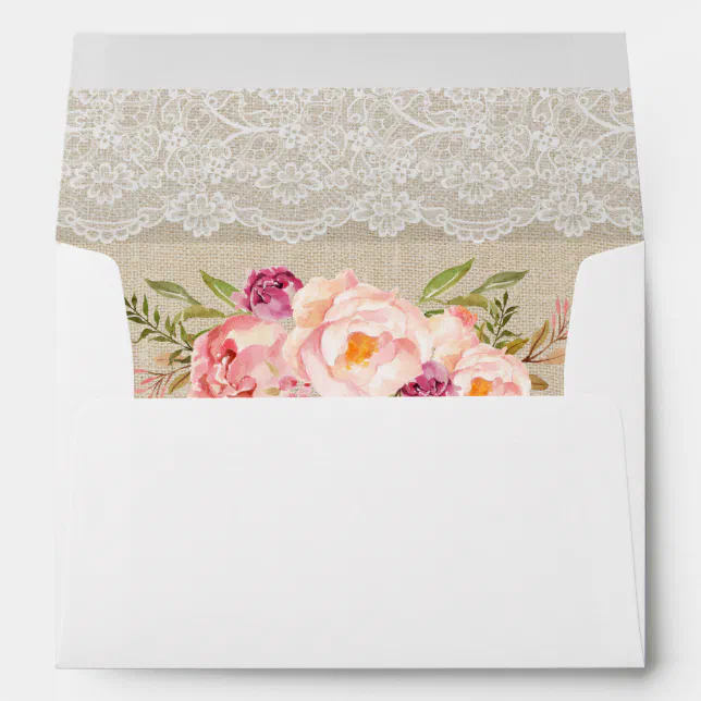 Rustic Country Burlap Lace Pink Floral Wedding Envelope | Zazzle