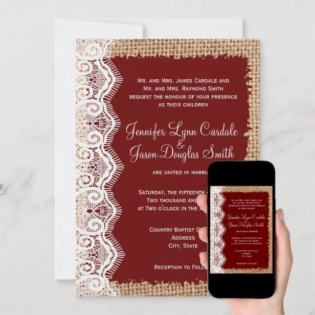 Rustic Country Burlap Lace Red Wedding Invitations | Zazzle