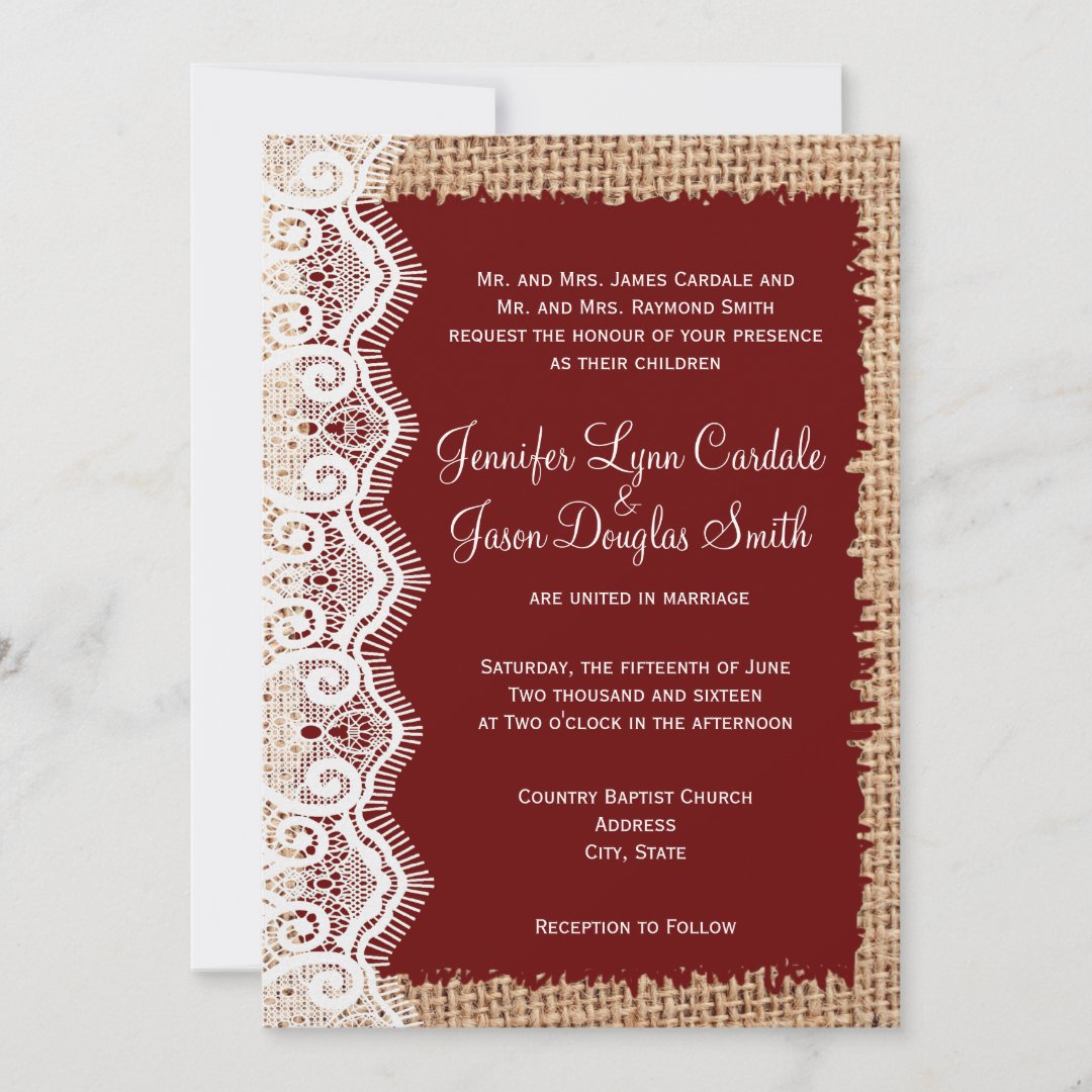 Rustic Country Burlap Lace Red Wedding Invitations | Zazzle