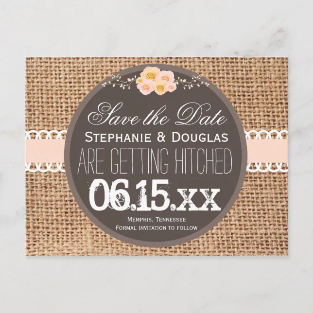Rustic Country Burlap Lace Save the Date Postcards | Zazzle