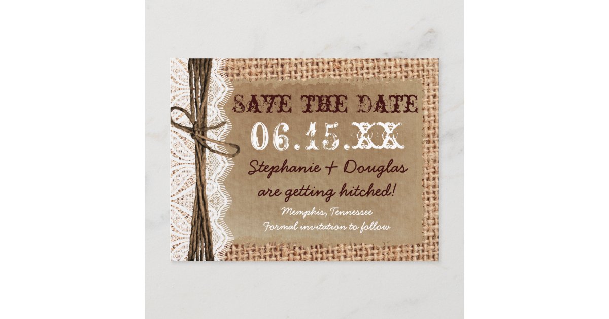 Rustic Country Burlap Lace Save the Date Postcards | Zazzle