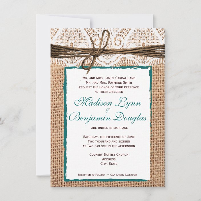 Rustic Country Burlap Lace Teal Wedding Invitation | Zazzle.com