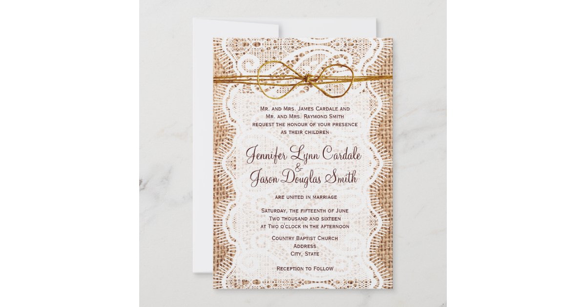 Rustic Country Burlap Lace Wedding Invitations | Zazzle
