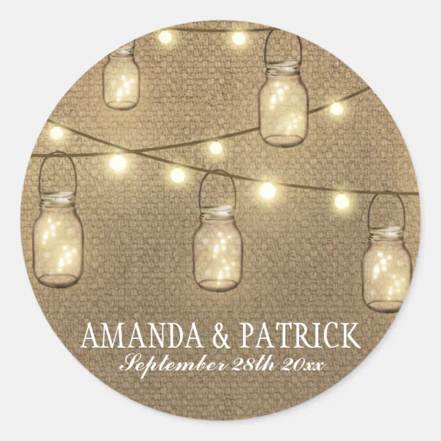 Rustic Country Burlap Mason Jar Wedding Favors Classic Round Sticker ...