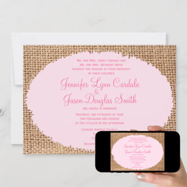 Rustic Country Burlap Pink Wedding Invitations | Zazzle