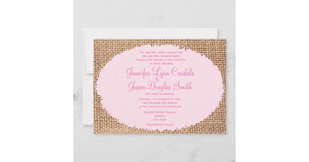 Rustic Country Burlap Pink Wedding Invitations | Zazzle