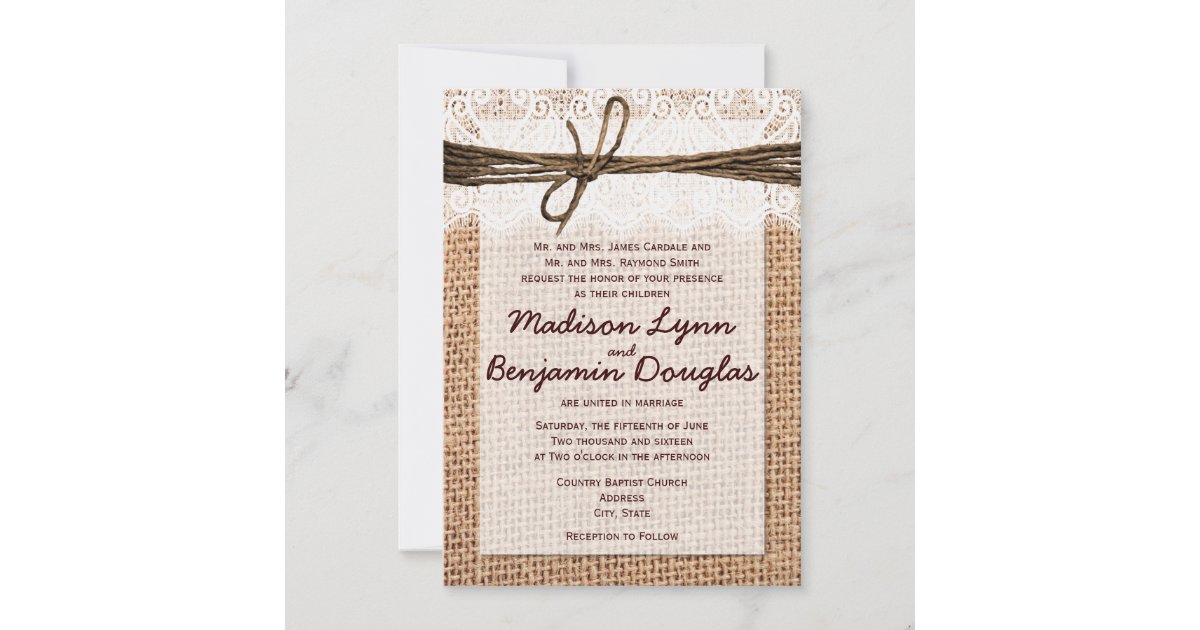 Rustic Country Burlap Print Wedding Invitations | Zazzle
