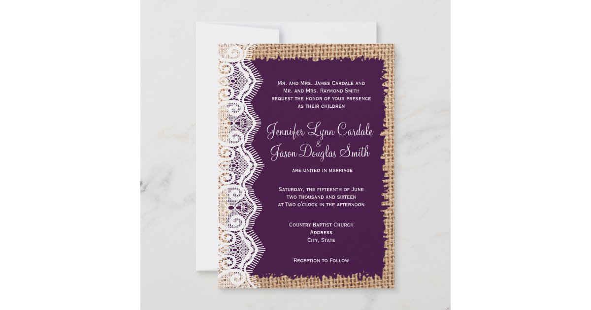 Rustic Country Burlap Purple Wedding Invitations | Zazzle