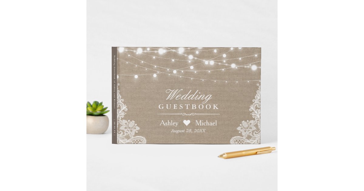 Rustic Country Burlap String Lights Lace Wedding Guest Book | Zazzle