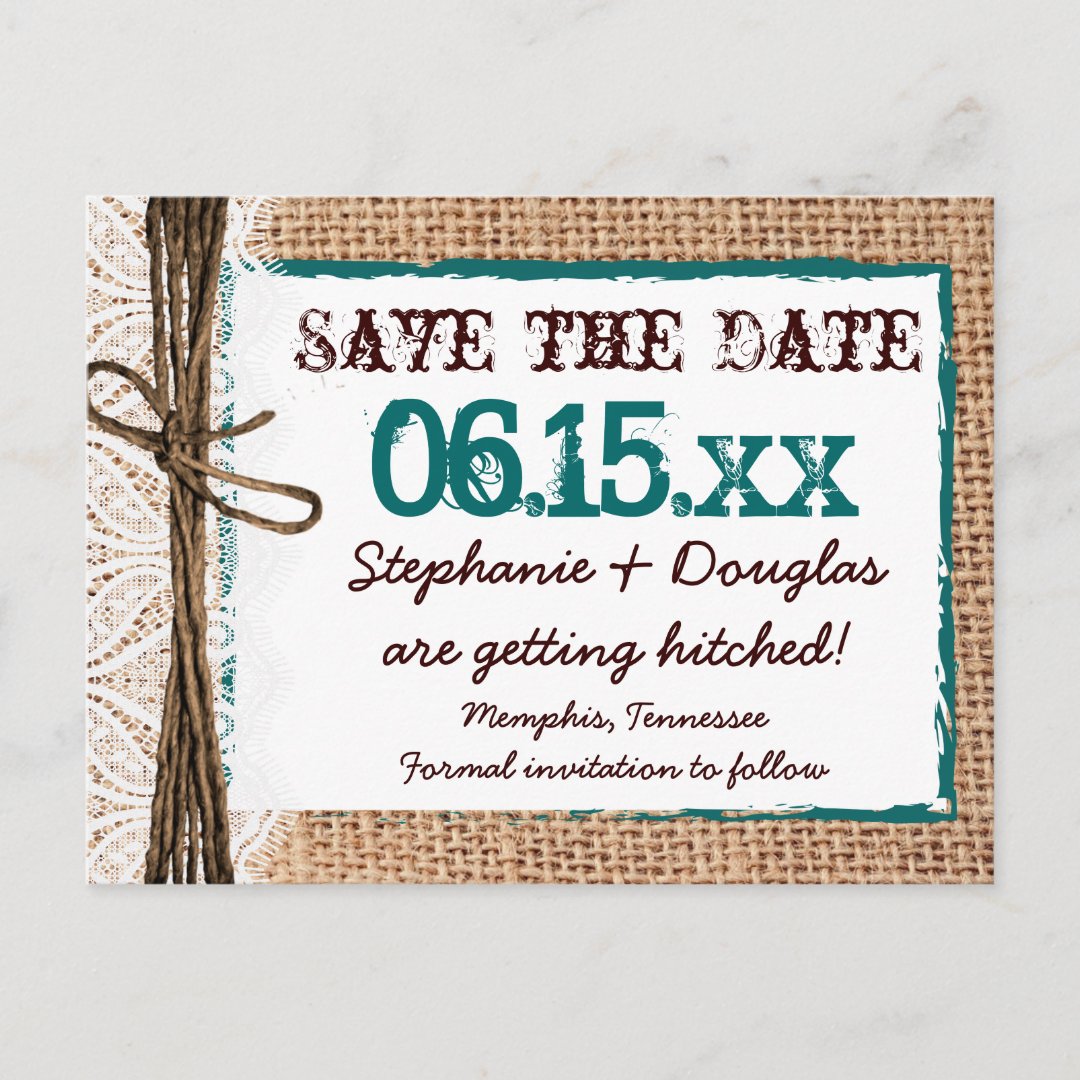 Rustic Country Burlap Teal Save the Date Postcards | Zazzle