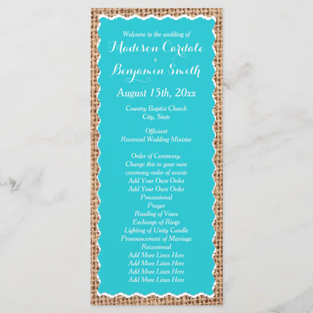 Rustic Country Burlap Turquoise Wedding Programs | Zazzle