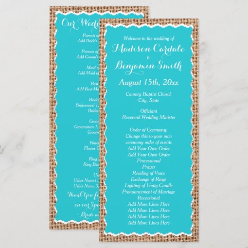 Rustic Country Burlap Turquoise Wedding Programs | Zazzle