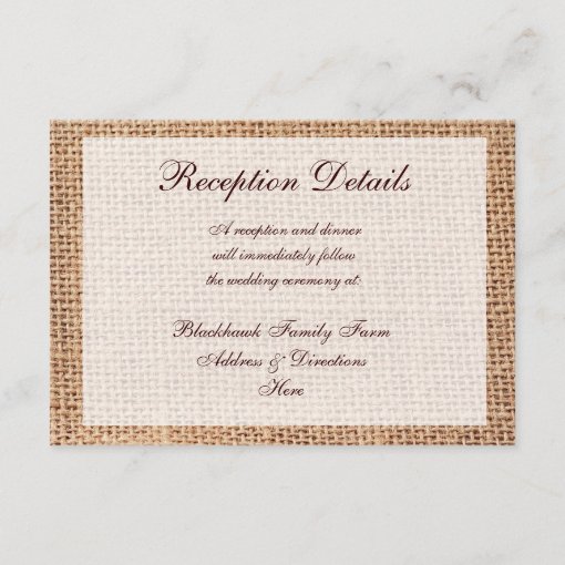 Rustic Country Burlap Wedding Reception Cards | Zazzle