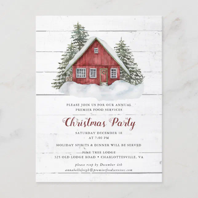 Rustic Country Cabin Christmas Party Invitation Postcard | Zazzle