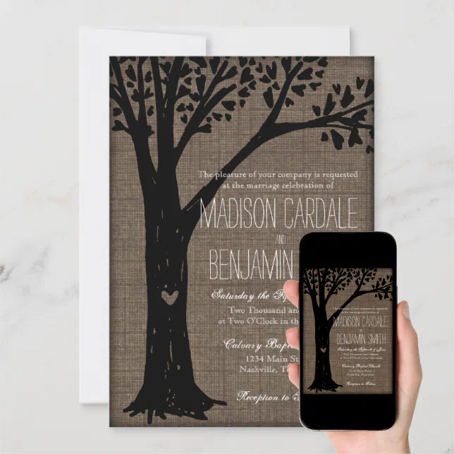 Rustic Country Carved Heart Tree Wedding Invites | Zazzle