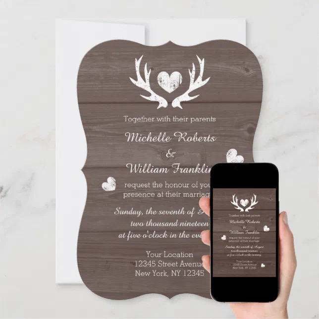 Rustic country chic deer antler wedding invitation | Zazzle