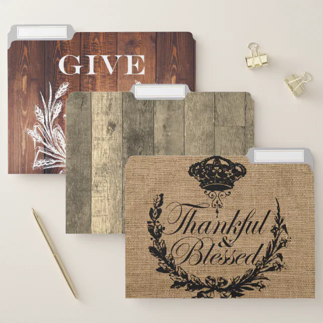 rustic country chic wood burlap thankful blessed file folder | Zazzle