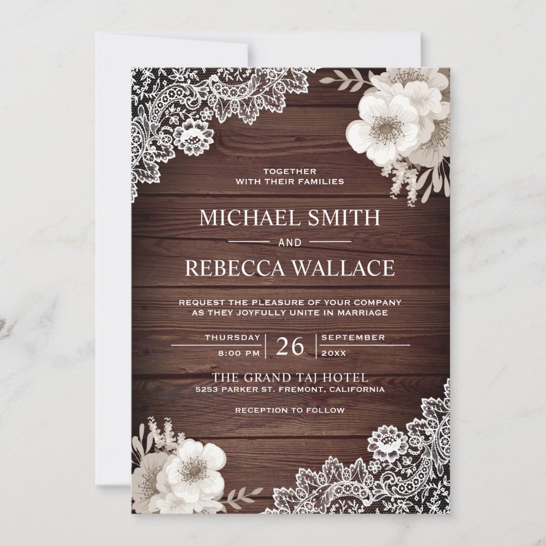 Rustic Country Chic Wood Lace Ivory Floral Wedding Invitation | Zazzle
