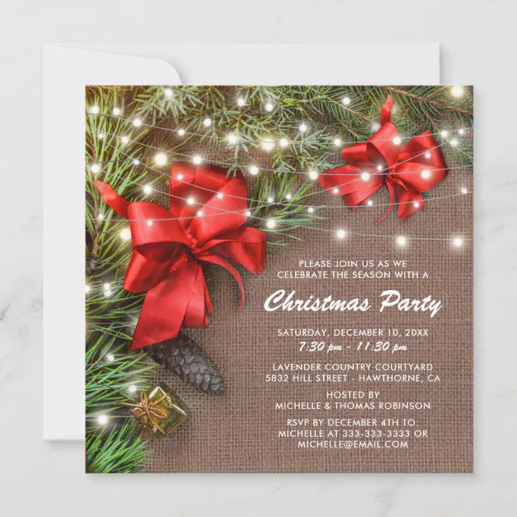 Rustic Country Christmas Bow Holiday Party Invitation | Zazzle