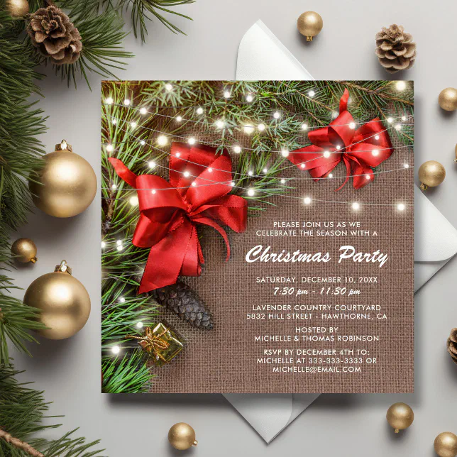 Rustic Country Christmas Bow Holiday Party Invitation | Zazzle