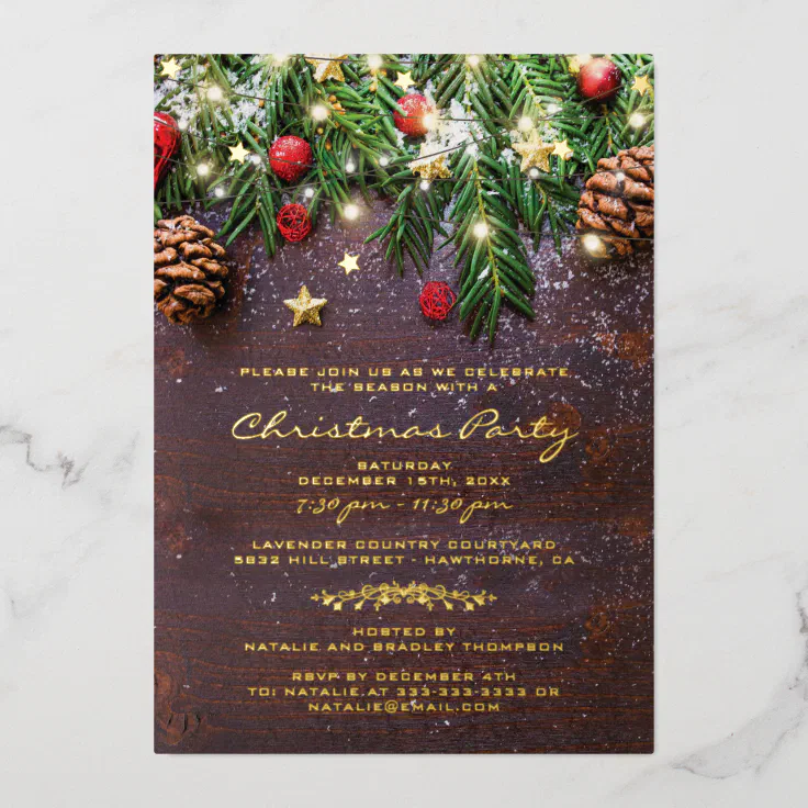 Rustic Country Christmas Holiday Party Foil Invitation | Zazzle