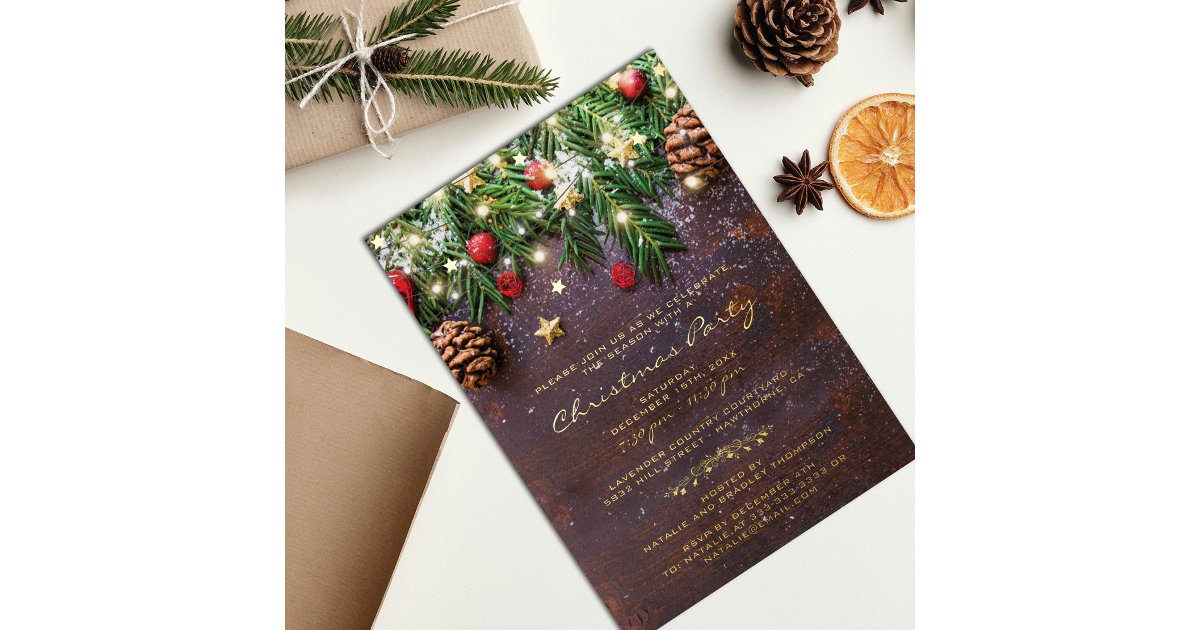 Rustic Country Christmas Holiday Party Foil Invitation | Zazzle