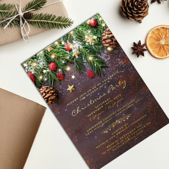 Rustic Country Christmas Holiday Party Foil Invitation | Zazzle