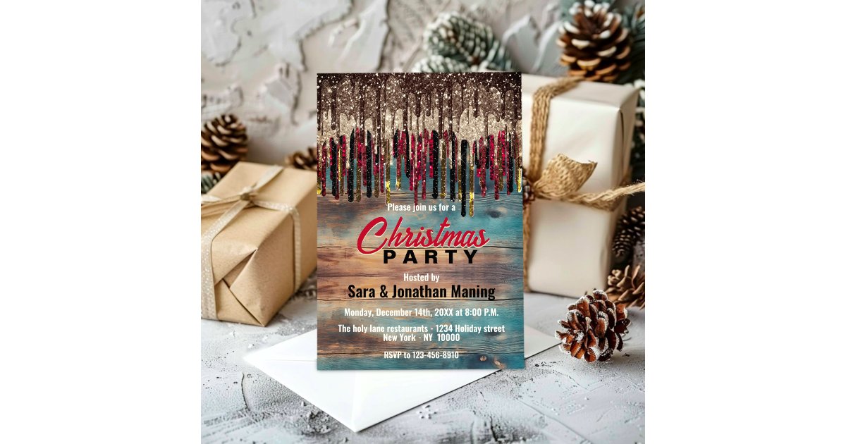 Rustic Country Christmas Holiday red black glitter Invitation | Zazzle