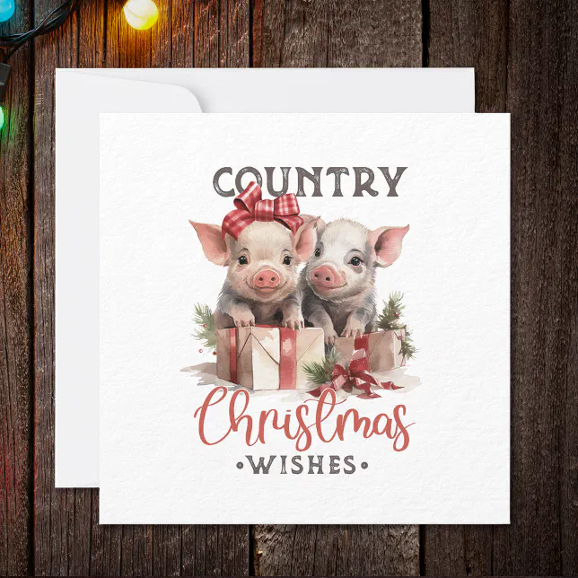 Rustic Country Christmas Wishes Cute Pig Holiday Card | Zazzle