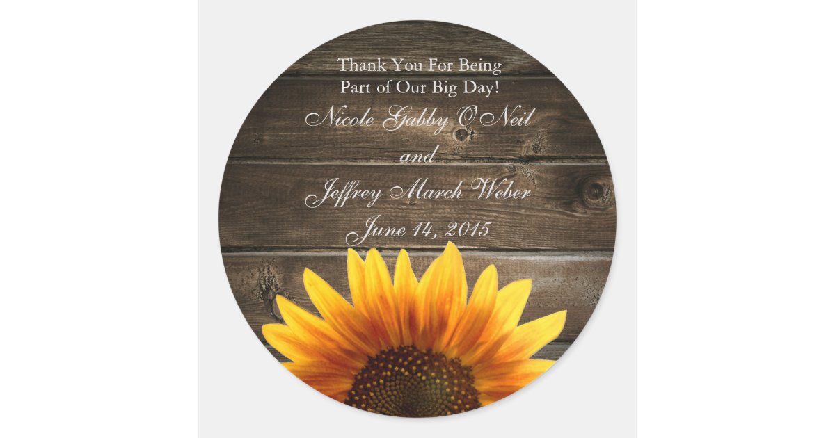 Rustic Country Custom Wedding Wood & Sunflowers Classic Round Sticker ...