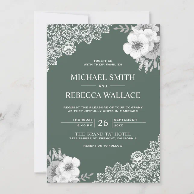 Rustic Country Dusty Green Floral Lace Wedding Invitation | Zazzle