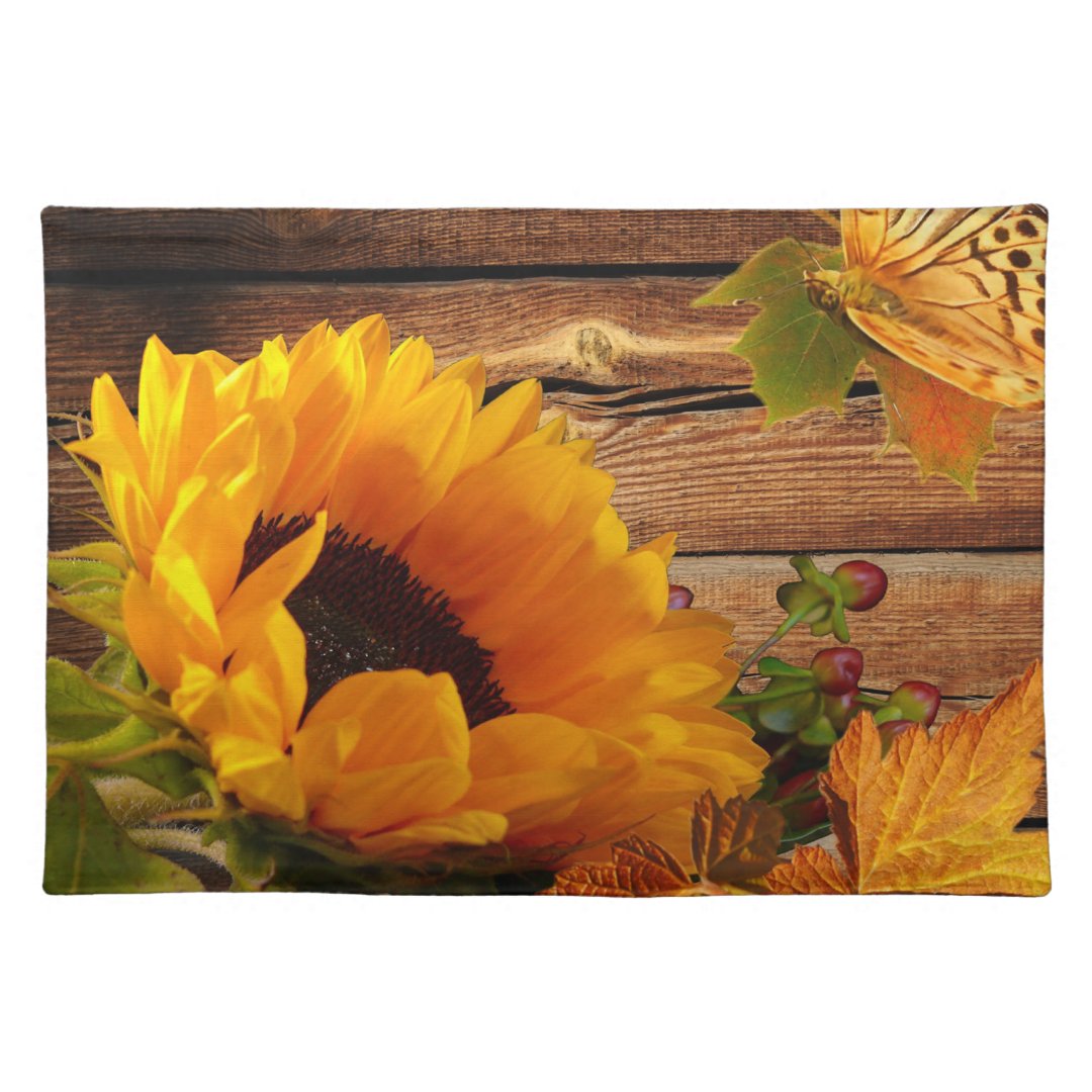 Rustic Country Fall Sunflower Butterfly Foliage Cloth Placemat | Zazzle