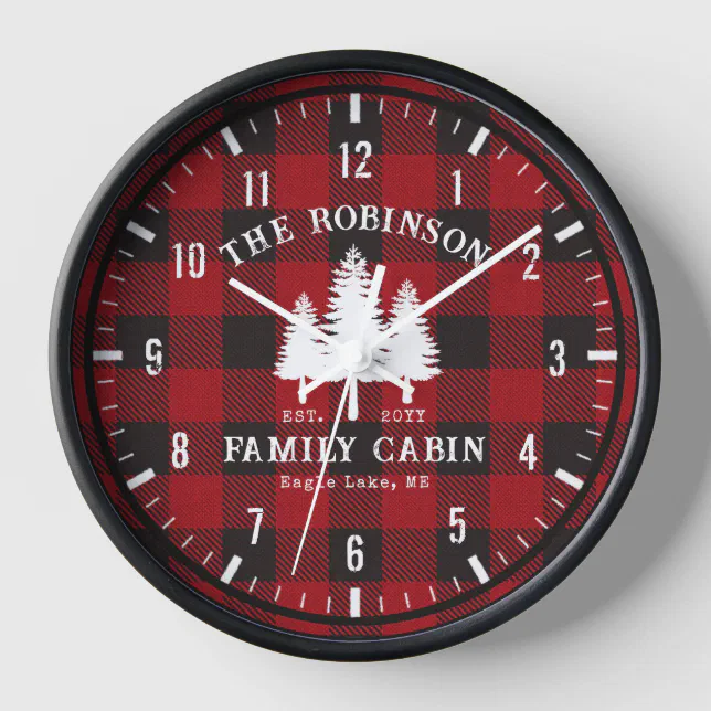 Rustic Country Family Cabin Tree Red Buffalo Plaid Clock | Zazzle