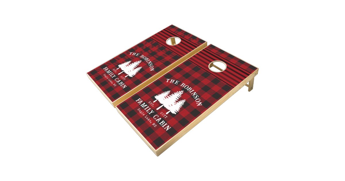 Rustic Country Family Cabin Tree Red Buffalo Plaid Cornhole Set | Zazzle
