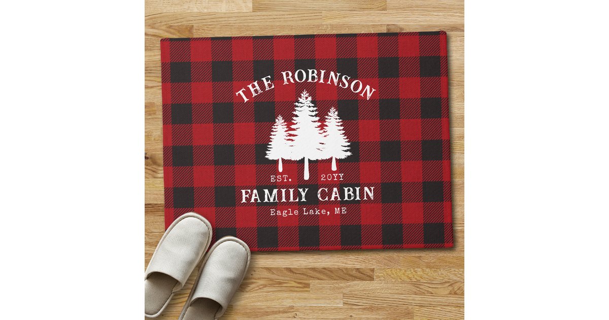 Rustic Country Family Cabin Tree Red Buffalo Plaid Doormat | Zazzle