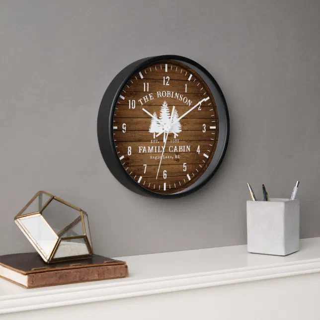 Rustic Country Family Cabin Trees Wood Plank Print Clock | Zazzle