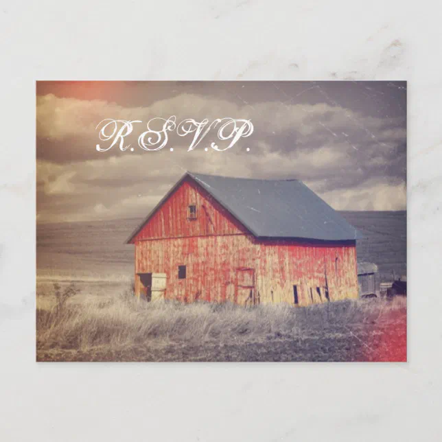 Rustic country farm red barn wedding RSVP Invitation Postcard | Zazzle